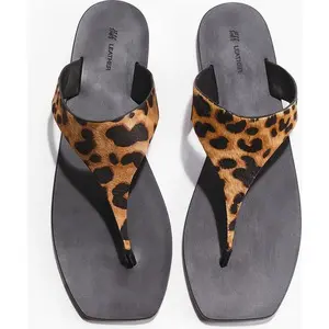 H&m Leather Flat Sandals With Square Toes And Leopard Print Straps - Beige/faux Leopard