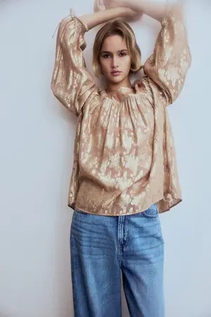 H&m Oversized Jacquard-weave Blouse With Voluminous Sleeves