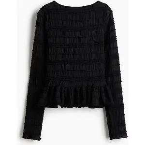 H&m Smocked Peplum Top With Frill Trims - Black