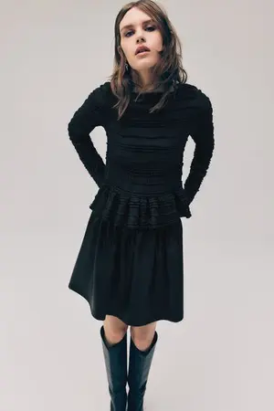 H&m Smocked Peplum Top With Frill Trims - Black