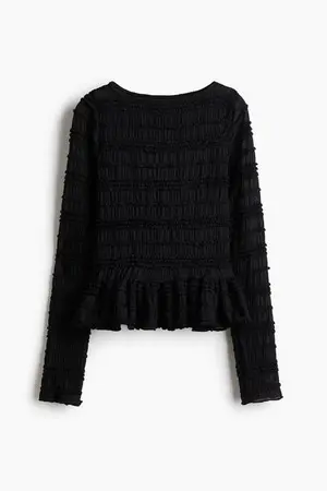 H&m Smocked Long-sleeve Peplum Top With Frill Trims - Black