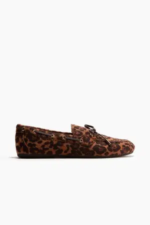 H&m Suede Deck Shoes With Decorative Lacing - Brown/leopard Print