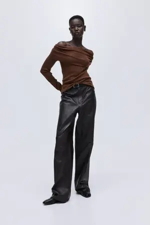 H&m Off-the-shoulder Ribbed Jumper - Brown
