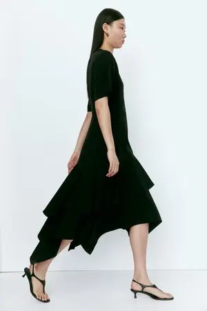 H&m Asymmetric Midi Dress With Flounced Tiers