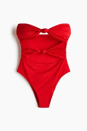 H&m Padded-cup Bandeau Swimsuit With Cut-out And Knotted Details - Red