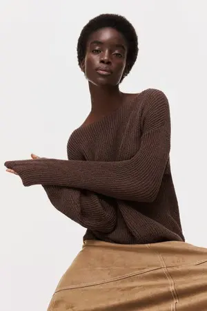 H&M Rib Knit Boat Neck Jumper With Drop Shoulder - Dark Brown