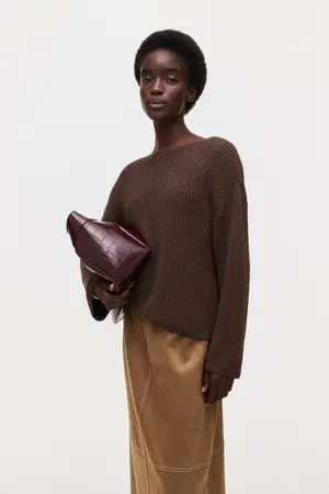 H&M Rib Knit Boat Neck Jumper With Drop Shoulder - Dark Brown