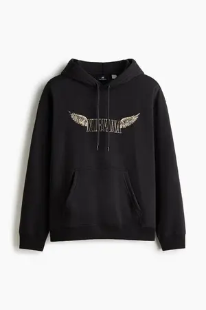 H&m Loose Fit Printed Hoodie With Drawstring - Black/nirvana