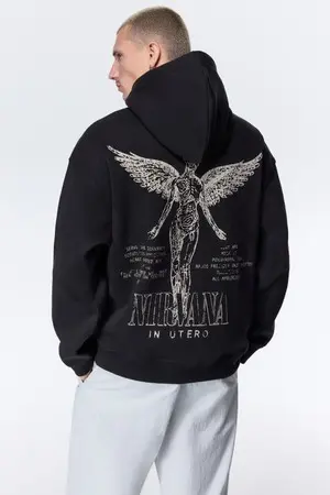 H&m Loose Fit Printed Hoodie With Drawstring - Black/nirvana