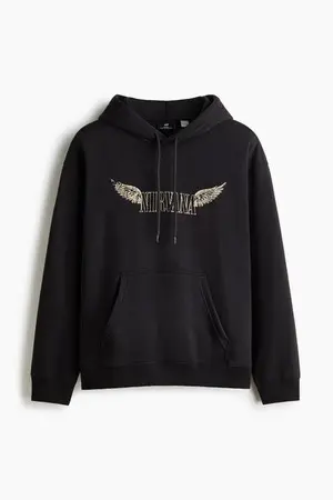 H&M Loose Fit Printed Hoodie With Drawstring - Black/nirvana