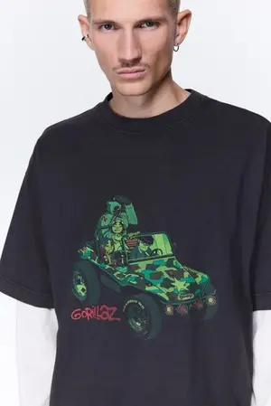 H&m Oversized Fit T-shirt - Black/gorillaz