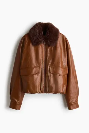 H&m Fluffy Collared Bomber Jacket - Brown
