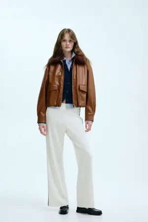 H&m Fluffy Collared Bomber Jacket - Brown