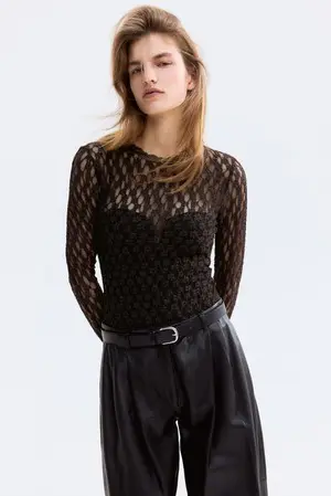 H&m Lace-look Thong Bodysuit With Long Sleeves