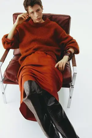 H&m Midi Skirt In Draping Weave - Burnt Orange
