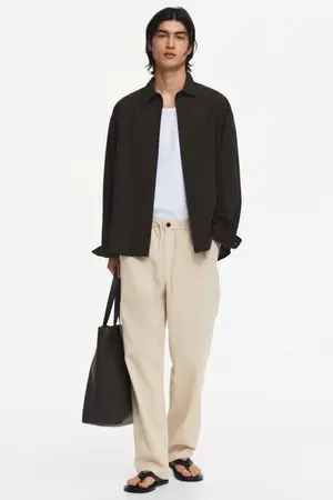 H&M Relaxed Fit Twill Trousers With Drawstring Waist - Beige