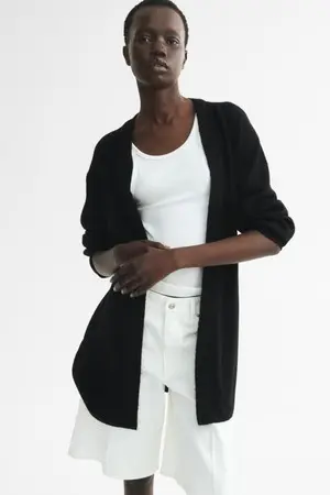 H&M Long Cardigan In Fine Knit Wool Blend - Black