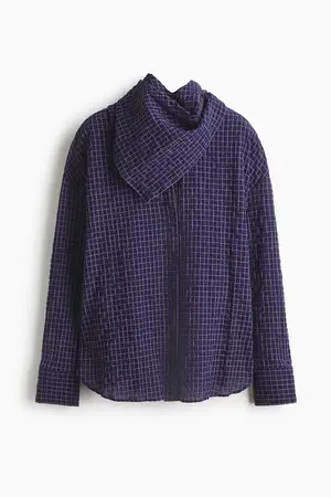 H&m Seersucker Shirt With Scarf Detail - Dark Blue/checked