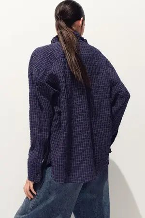 H&m Seersucker Shirt With Scarf Detail - Dark Blue/checked