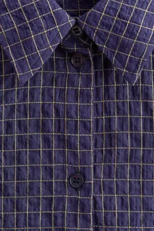 H&m Seersucker Shirt With Scarf Detail - Dark Blue/checked