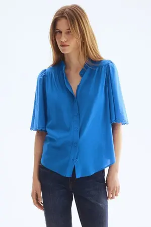 H&m Cotton Blend Broderie Anglaise Cuff Blouse - Blue