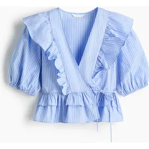 H&m Cotton Poplin Frill Wrap Blouse - Light Blue/striped