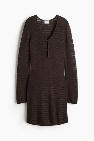 H&m Pointelle-knit V-neck Mini Dress With Trumpet Sleeves - Dark Brown