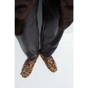 H&m Fringed Loafers With Beaded Bow Detailing - Beige/faux Leopard
