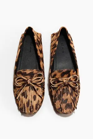 H&m Fringed Loafers With Beaded Bow Detailing - Beige/faux Leopard