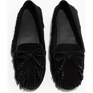 H&m Suede Loafers With Fringe And Beaded Bow Detailing - Black