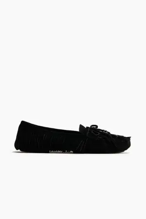 H&m Suede Loafers With Fringe And Beaded Bow Detailing - Black