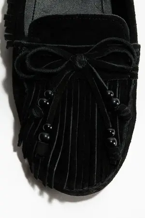 H&m Suede Loafers With Fringe And Beaded Bow Detailing - Black