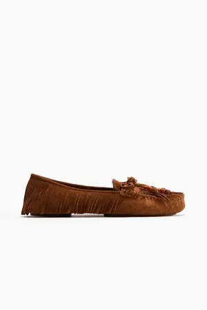H&M Fringed Loafers With Beaded Bow Detailing