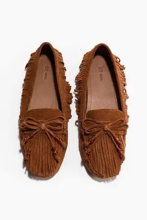 H&M Fringed Loafers With Beaded Bow Detailing