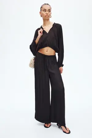 H&m Wide Leg Drawstring Trousers - Dark Brown