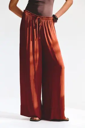 H&m Wide Leg Drawstring Trousers - Rust Brown