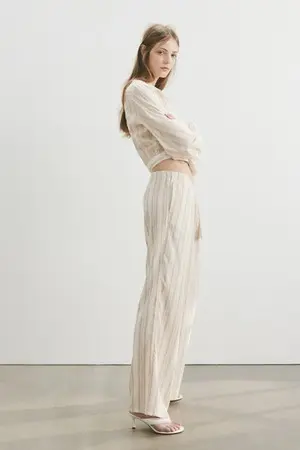 H&m Wide Leg Linen-blend Trousers - White/striped