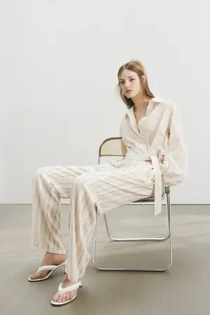 H&m Wide Leg Linen-blend Trousers - White/striped