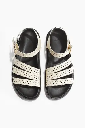 H&m Strappy Sandals With Perforated Design And Buckle Ankle Strap - Cream