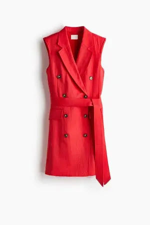 H&m Sleeveless Linen-blend Blazer Dress With Tie Belt - Red