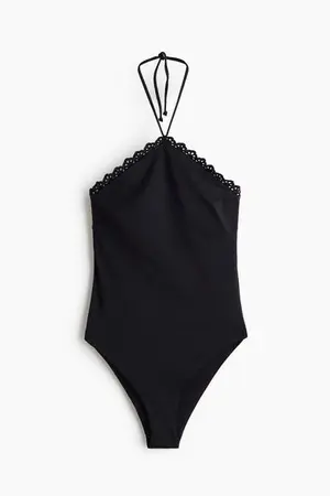 H&m Padded-cup Halterneck Swimsuit With Scalloped Trim