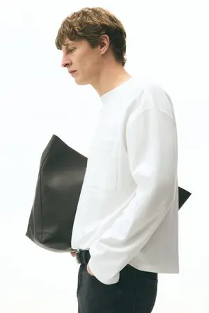 H&m Loose Fit Long-sleeved Jersey Top With Chest Pocket - White