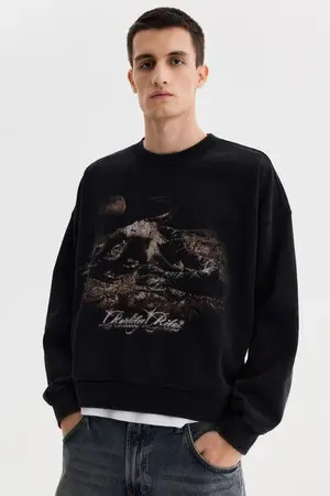 H&M Oversized Fit Crewneck Sweatshirt With Graphic Print - Black/reality Bites