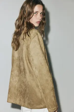 H&m Napped Finish Round Neck Jacket - Beige