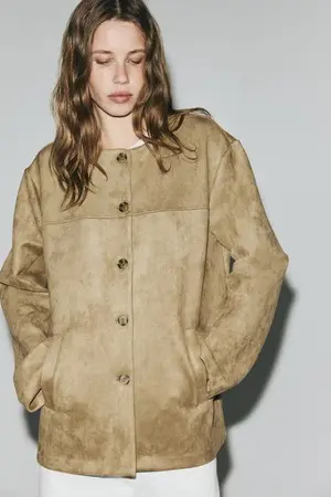 H&m Napped Finish Round Neck Jacket - Beige