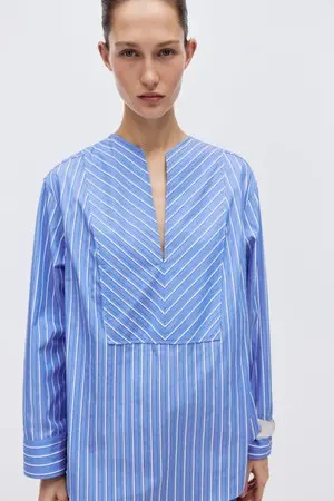 H&m Oversized Cotton Shirt With V-neckline And Bib Front