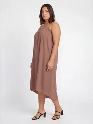 24SEVEN COMFORT APPAREL Smocked A-line Maxi Dress With Spaghetti Straps - Mocha
