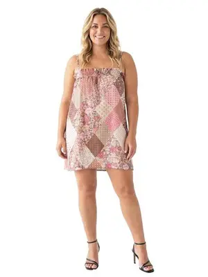 24SEVEN COMFORT APPAREL Patchwork Print Spaghetti Strap Smocked A-line Mini Dress - Pink Multi