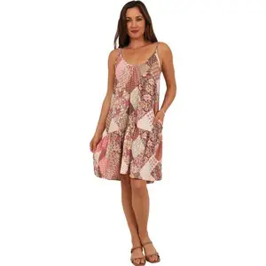 24SEVEN COMFORT APPAREL Patchwork A-line Mini Dress With Spaghetti Straps - Pink Multi