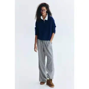 H&M Tartan Plaid Drawstring Trousers - Light Beige/plaid